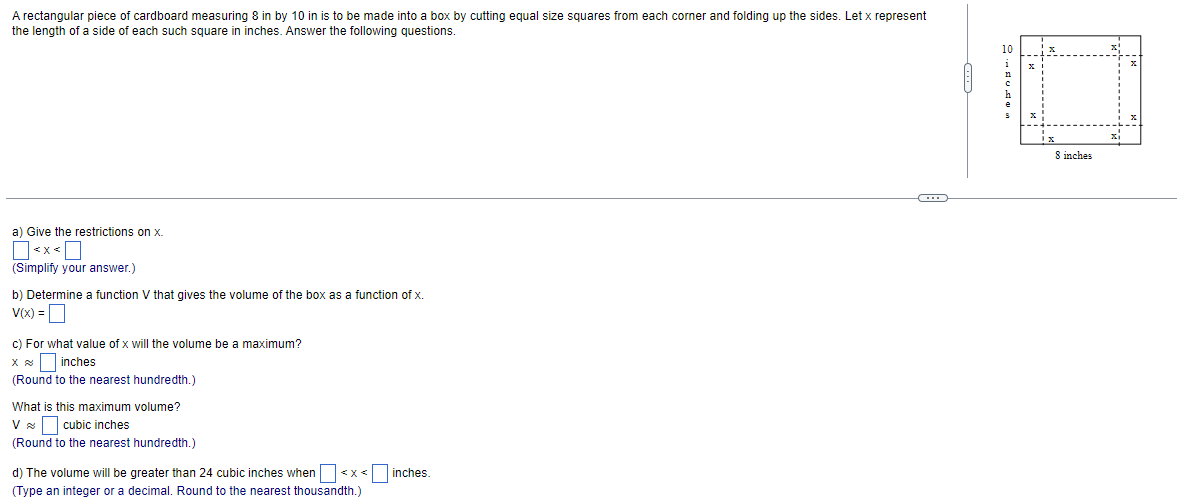 Solved A rectangular piece of cardboard measuring 8 in by 10 | Chegg.com