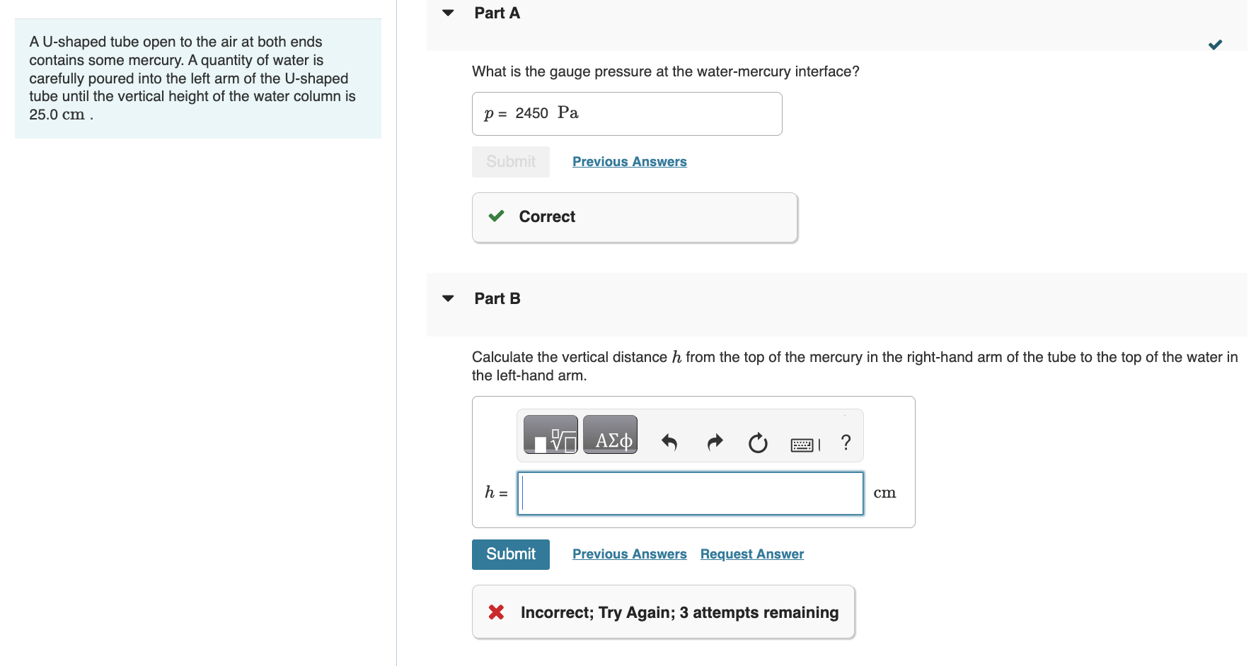 Solved A U-shaped tube open to the air at both ends contains | Chegg.com