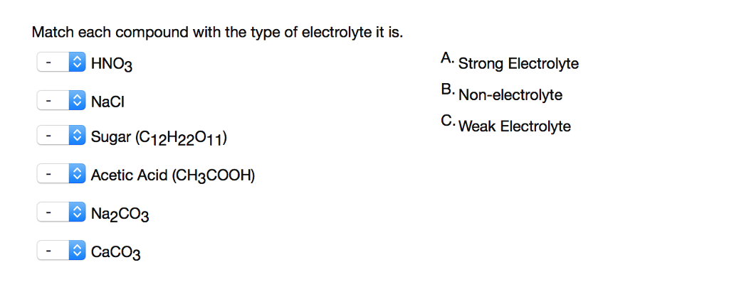 Solved Match each compound with the type of electrolyte it | Chegg.com