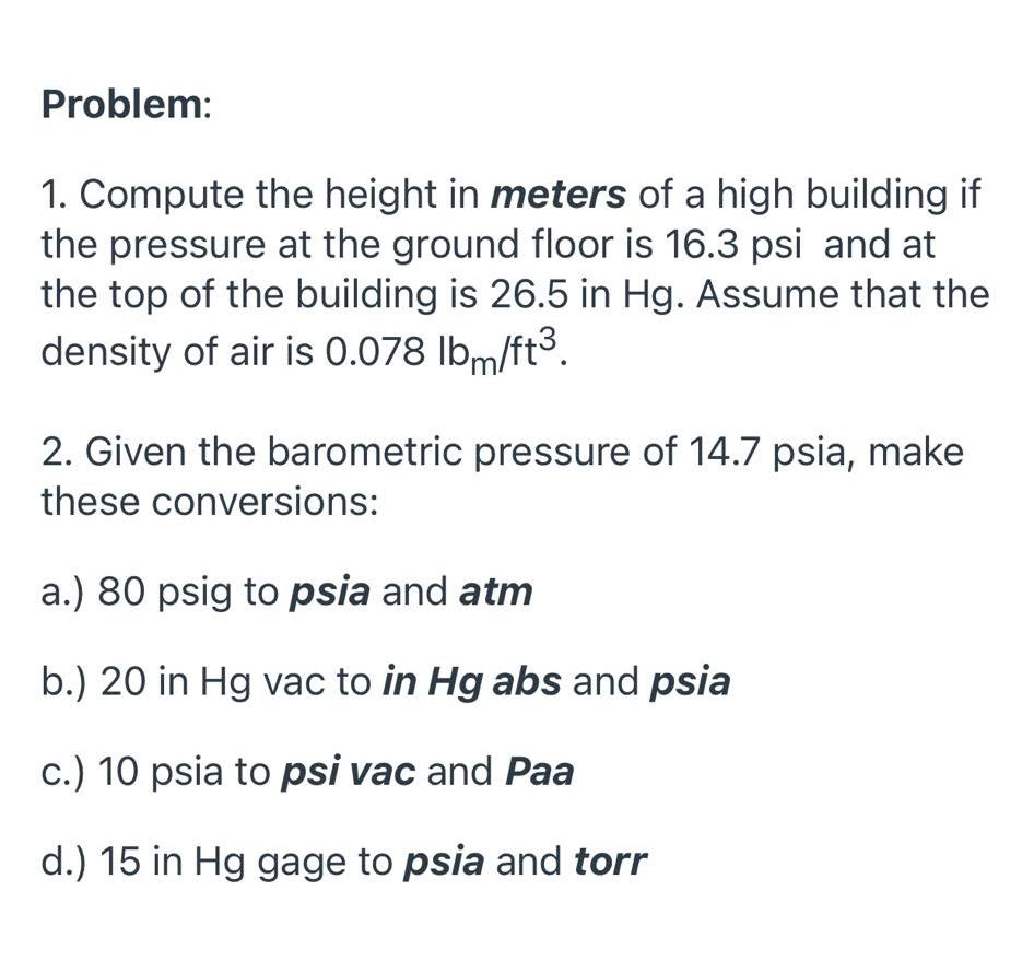 Solved Problem: 1. Compute the height in meters of a high | Chegg.com