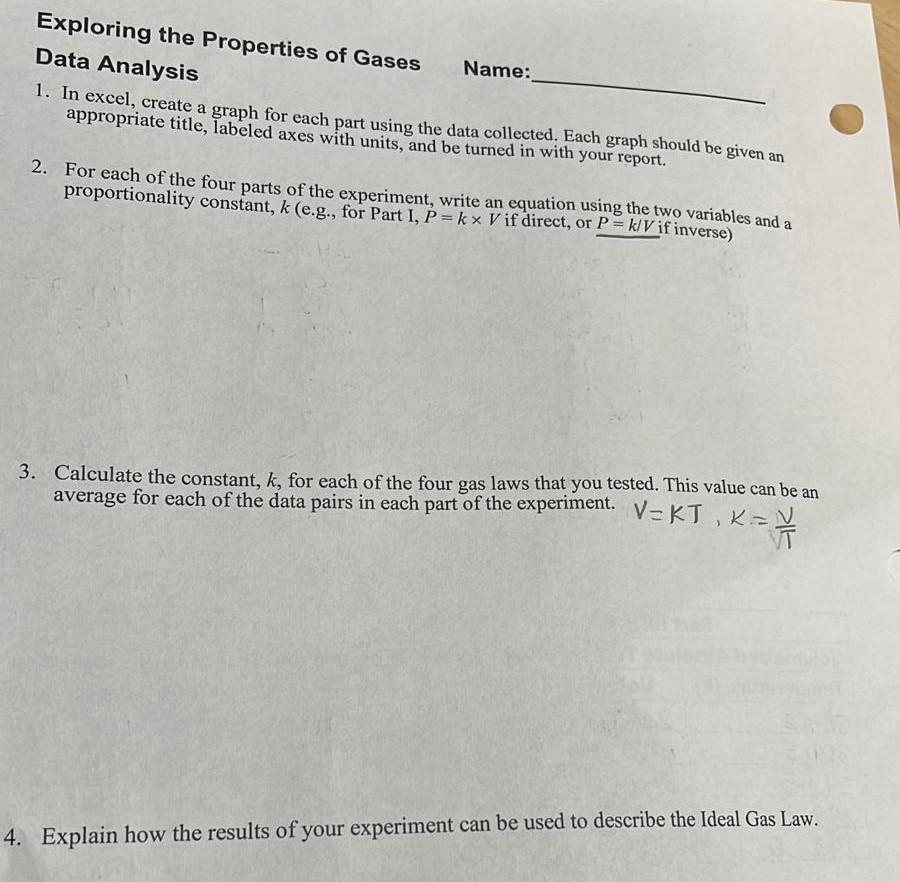 Exploring the Properties of Gases Name: Data Analysis | Chegg.com