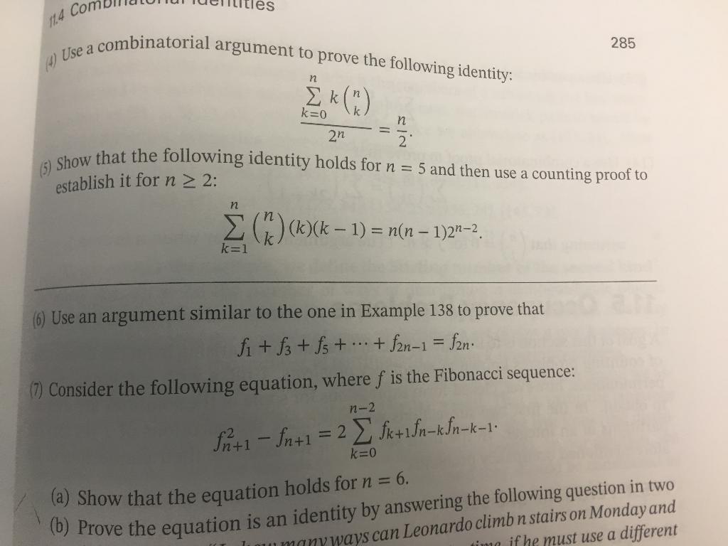 Solved Use A Combinatorial Argument To Prove The Following