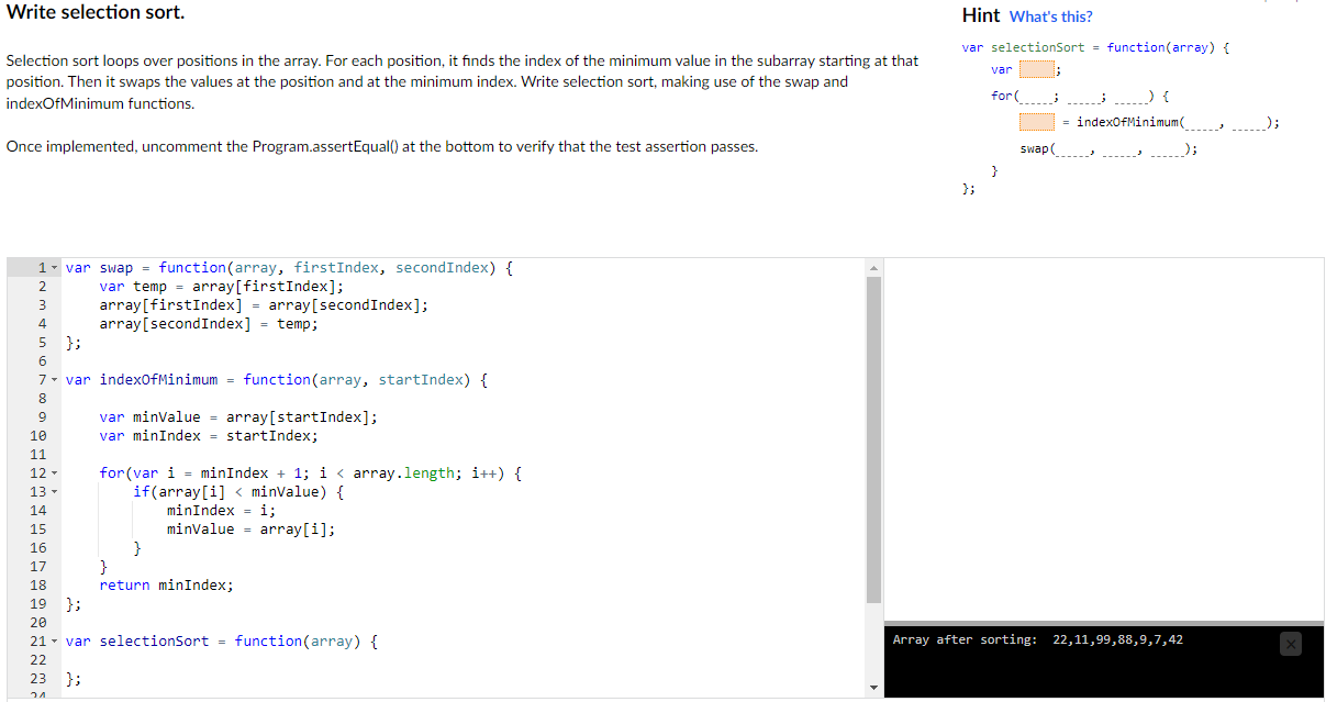 Solved Write selection sort. Hint What's this? var | Chegg.com