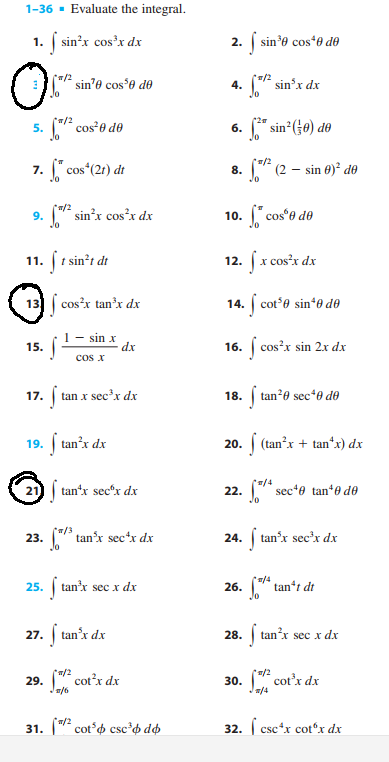 Solved 1-36. Evaluate the integral. 1. sin’x cos'x dx 2. | Chegg.com