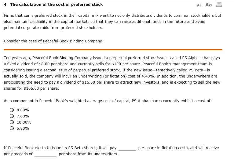 Solved 4. The calculation of the cost of preferred stock Aa | Chegg.com