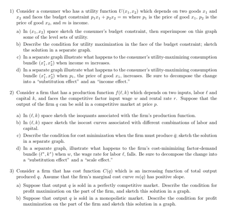 Solved 1) ﻿Consider a consumer who has a utility function | Chegg.com
