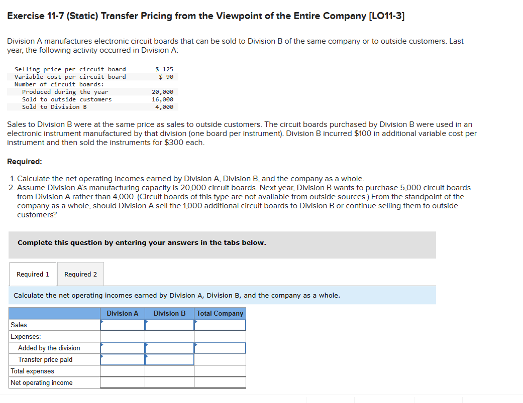 Solved Exercise 11-7 (Static) Transfer Pricing from the | Chegg.com