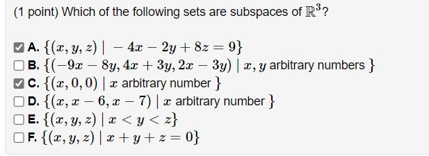Solved (1 point) Which of the following sets are subspaces | Chegg.com