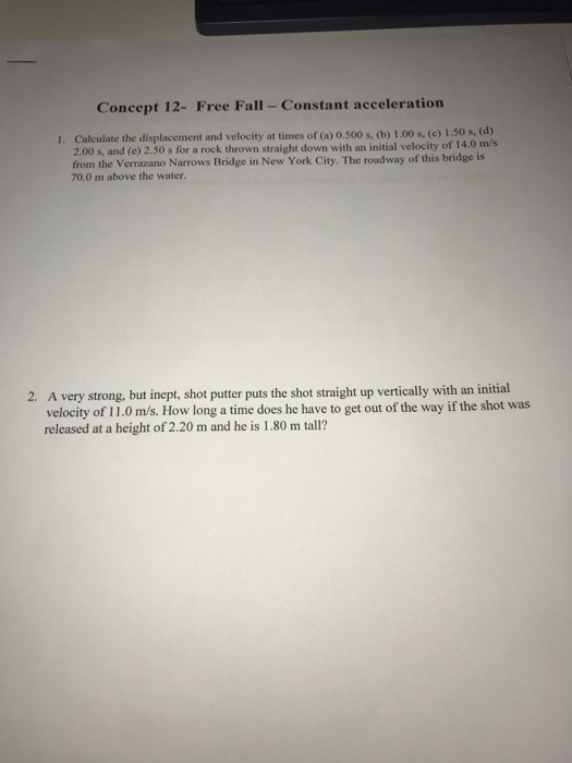 Solved Concept 12- Free Fall-Constant acceleration Calculate | Chegg.com
