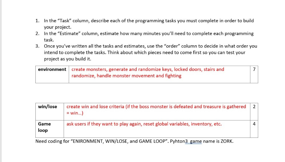 1. In the "Task" column, describe each of the | Chegg.com