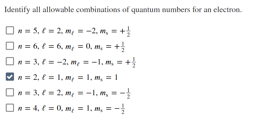 Solved Identify all allowable combinations of quantum | Chegg.com