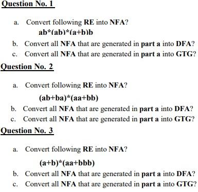 Solved Question No. 1 a. Convert following RE into NFA? ab* | Chegg.com