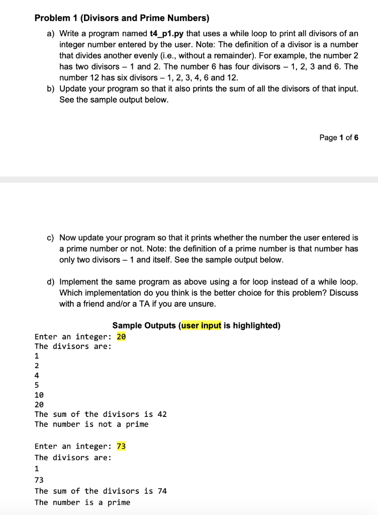 Solved Problem 1 (Divisors and Prime Numbers) a) Write a | Chegg.com