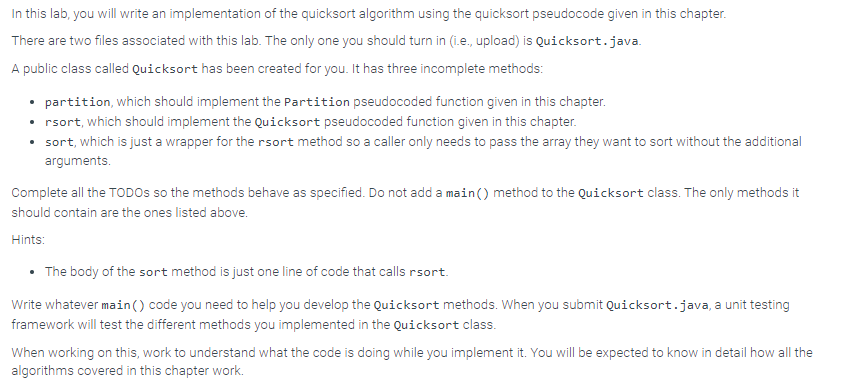 Solved public class Quicksort { /** * Sorts an | Chegg.com