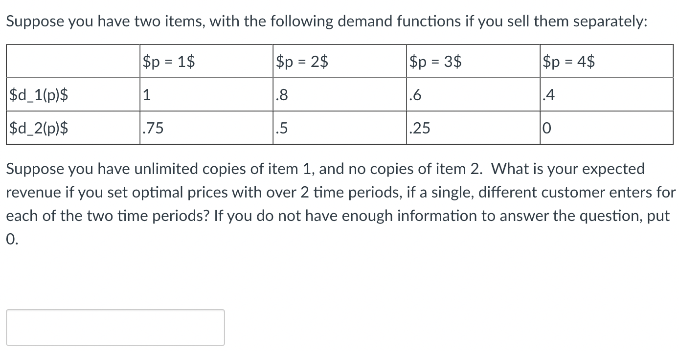 Solved Suppose you have two items, with the following demand | Chegg.com