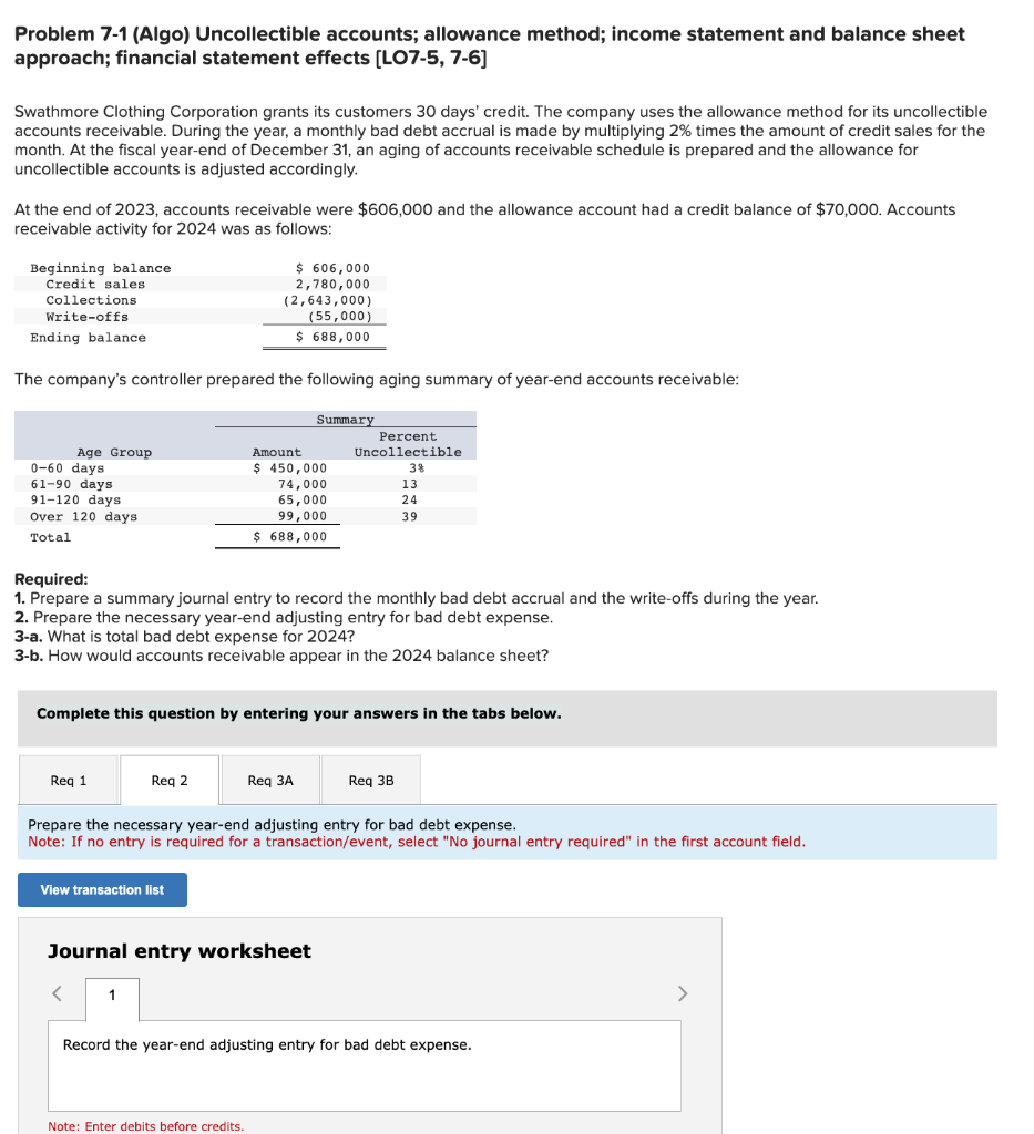 Solved Problem 7-1 (Algo) Uncollectible accounts; allowance | Chegg.com