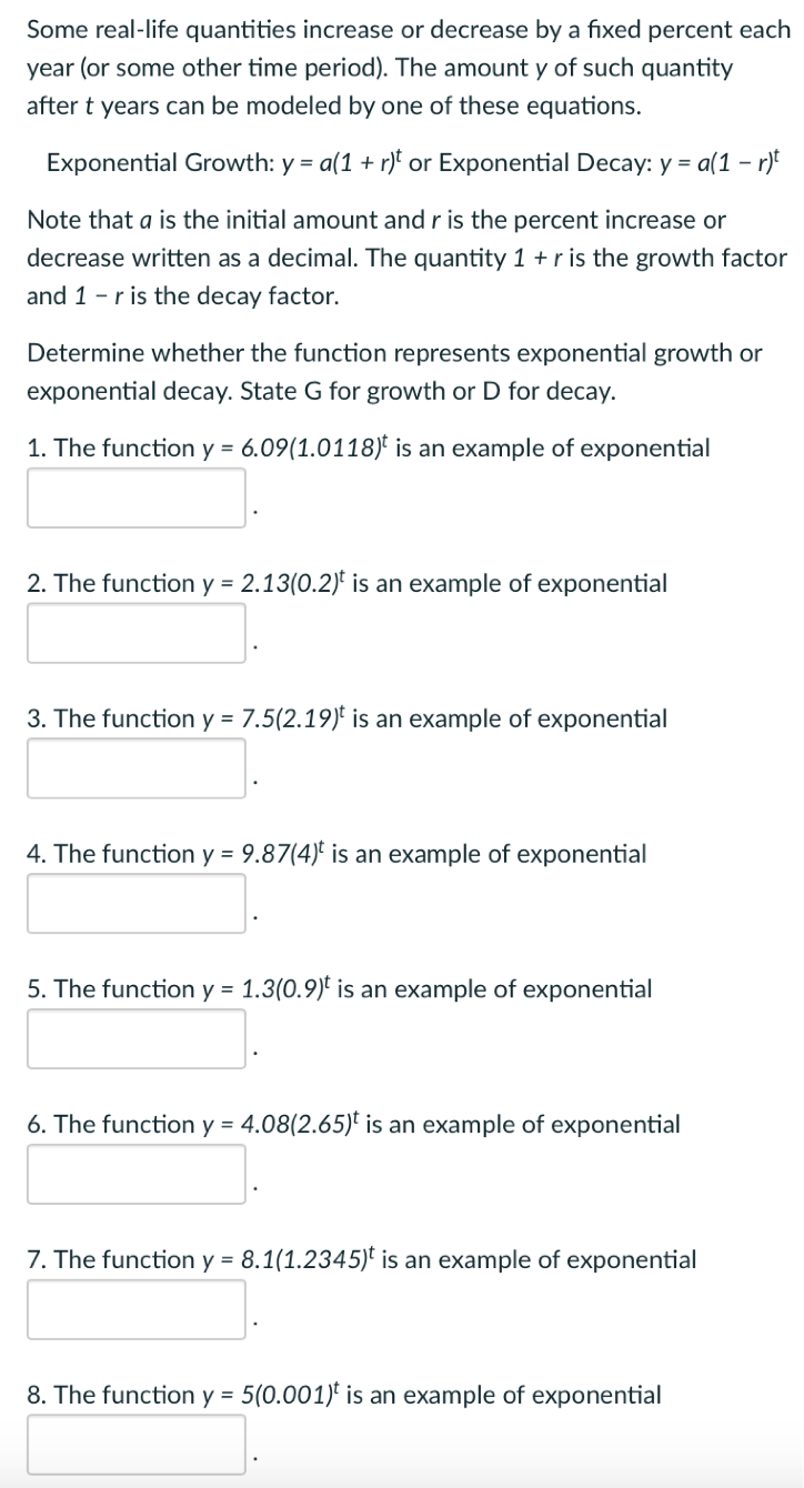 Solved Exponential Growth: y=a(1+r)t or Exponential Decay: | Chegg.com