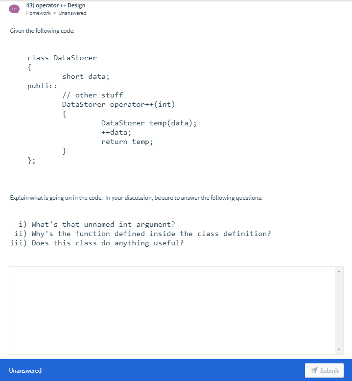 Solved 41) Overloading operator [] Homework. Unanswered You | Chegg.com