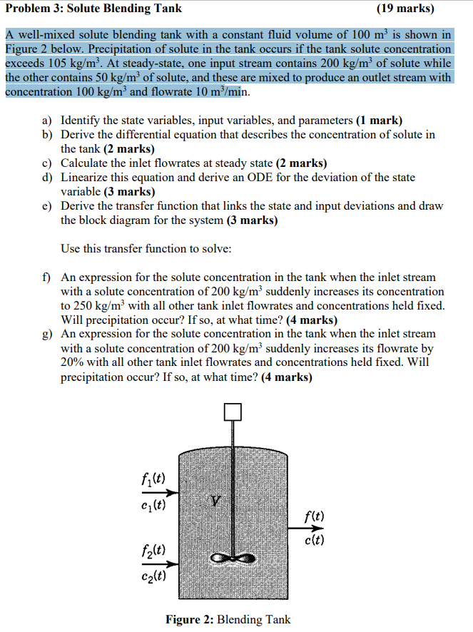 Solved Problem 3: Solute Blending Tank (19 marks) A | Chegg.com