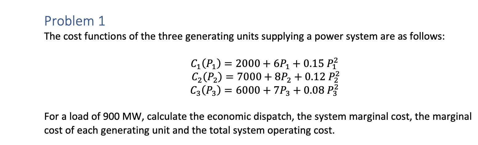 Solved Problem 1 The cost functions of the three generating | Chegg.com