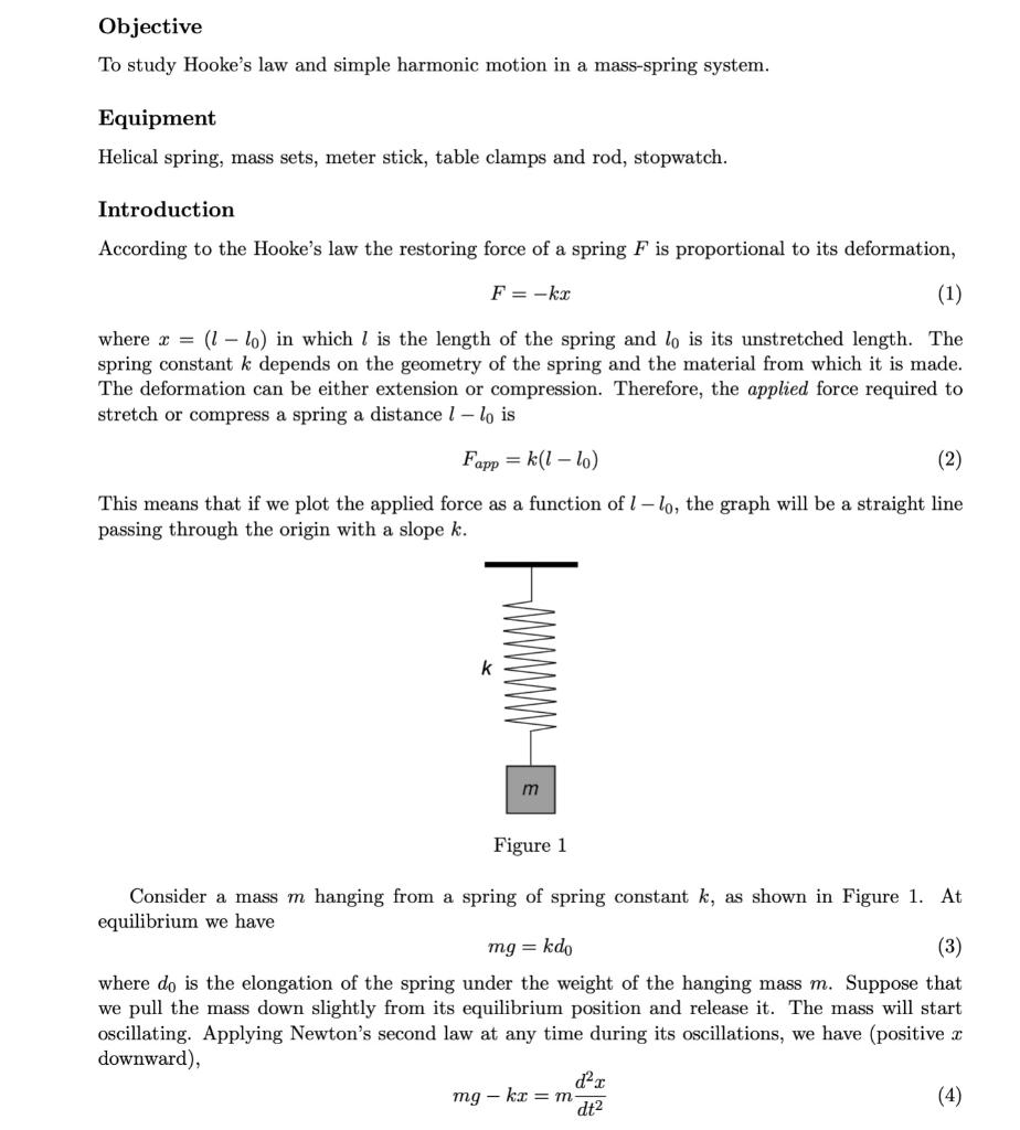 Objective To study Hooke's law and simple harmonic | Chegg.com