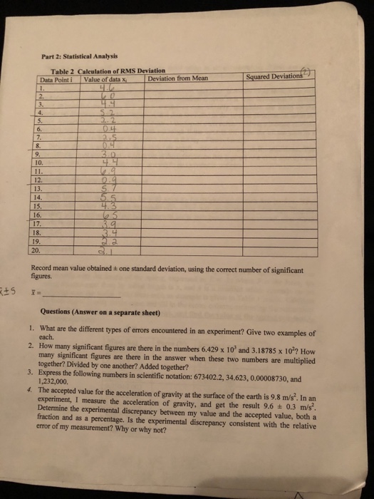 Solved Part 2: Statistical Analysis Table 2 Caleulation of | Chegg.com