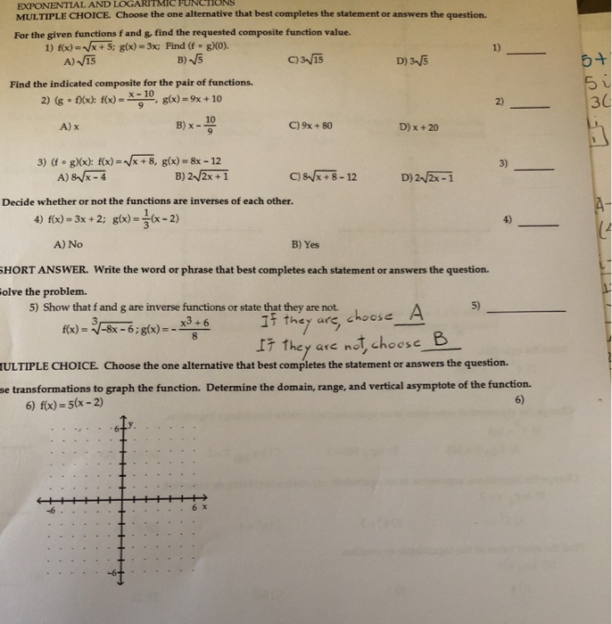 Solved FUNCTIONS EXPONENTIAL AND LOGARTMİC MULTIPLE CHOICE | Chegg.com