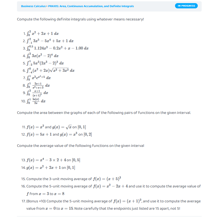 Solved Business Calculus > PRAXIS: Area, Continuous | Chegg.com