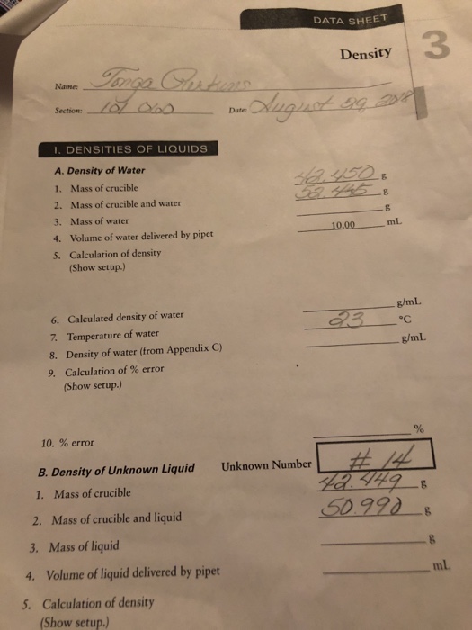 Solved DATA SHEET 3 Density Date I DENSITIES OF LIQUIDS A. | Chegg.com