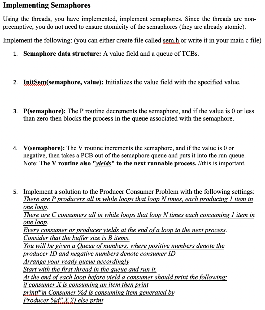 Implementing Semaphores Using the threads, you have | Chegg.com