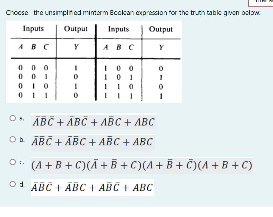 Solved Choose the unsimplified minterm Boolean expression | Chegg.com