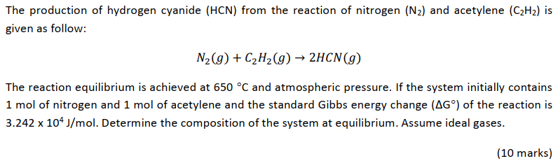 Solved The production of hydrogen cyanide (HCN) from the | Chegg.com