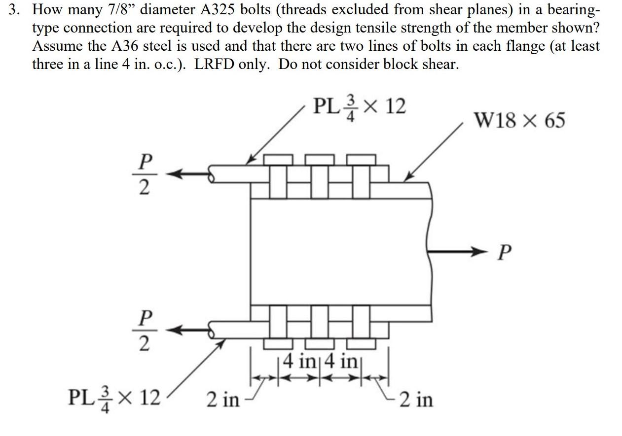 Solved 3. How many 7/8” diameter A325 bolts (threads | Chegg.com