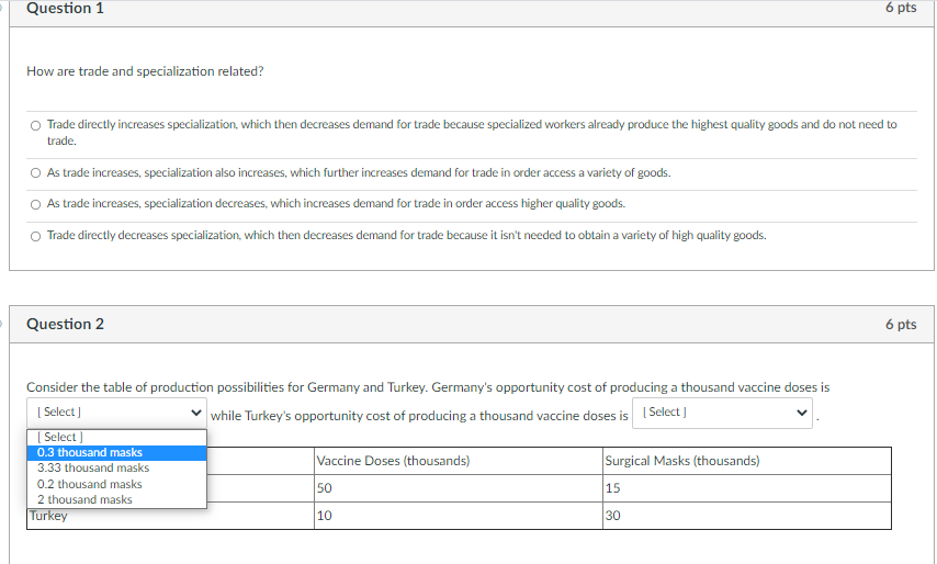 Solved Question 1 6 pts How are trade and specialization | Chegg.com