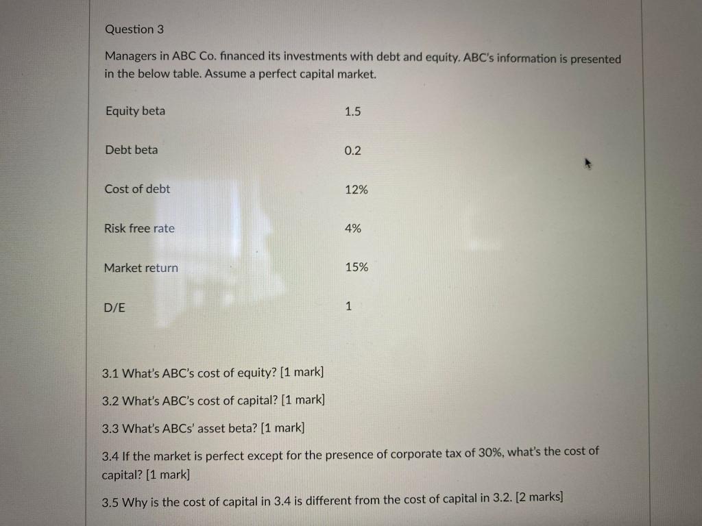 Solved Managers in ABC Co. financed its investments with | Chegg.com