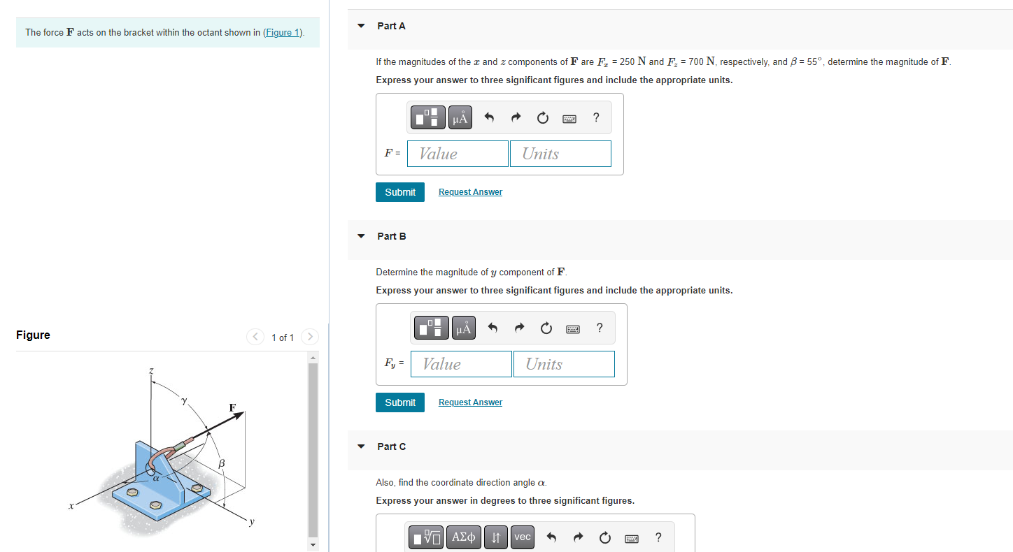 Solved The force F acts on the bracket within the octant | Chegg.com