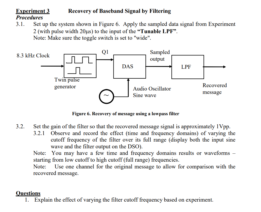 Experiment 3 Recovery of Baseband Signal by Filtering | Chegg.com