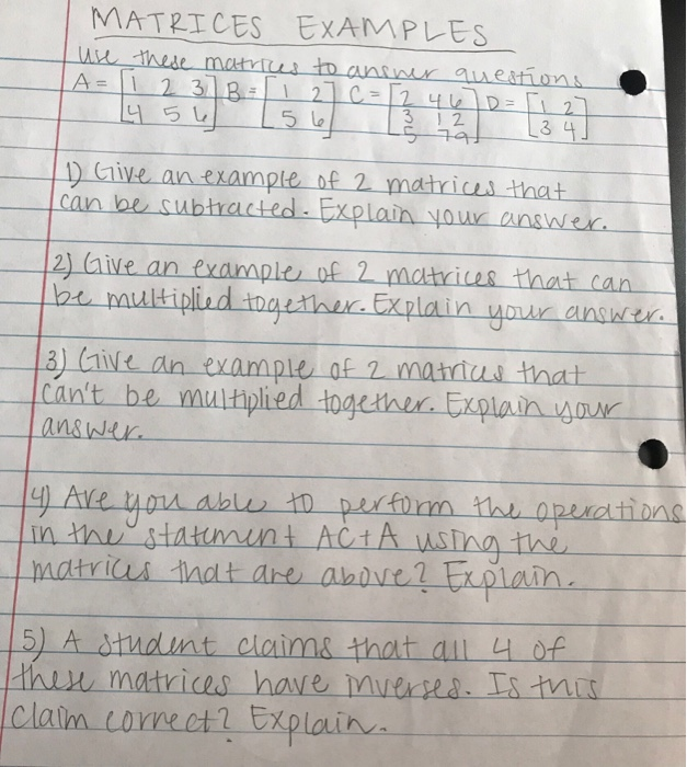 Solved MATRICES EXAMPLES 3 D (live an example of 2 matrices | Chegg.com