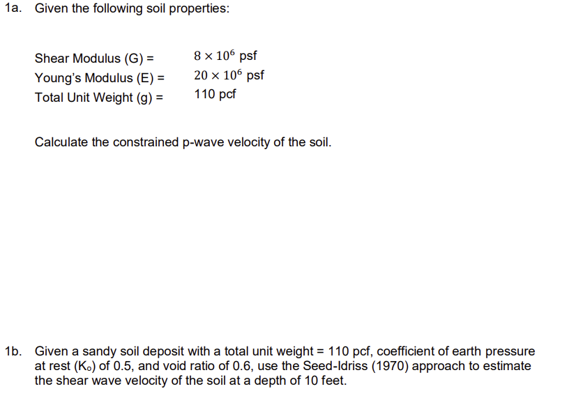 Solved by an EXPERT 1a. ﻿Given the following soil properties:Shear | Chegg.com