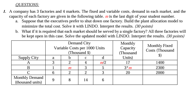Solved QUESTIONS:A company has 3 ﻿factories and 4 ﻿markets. | Chegg.com