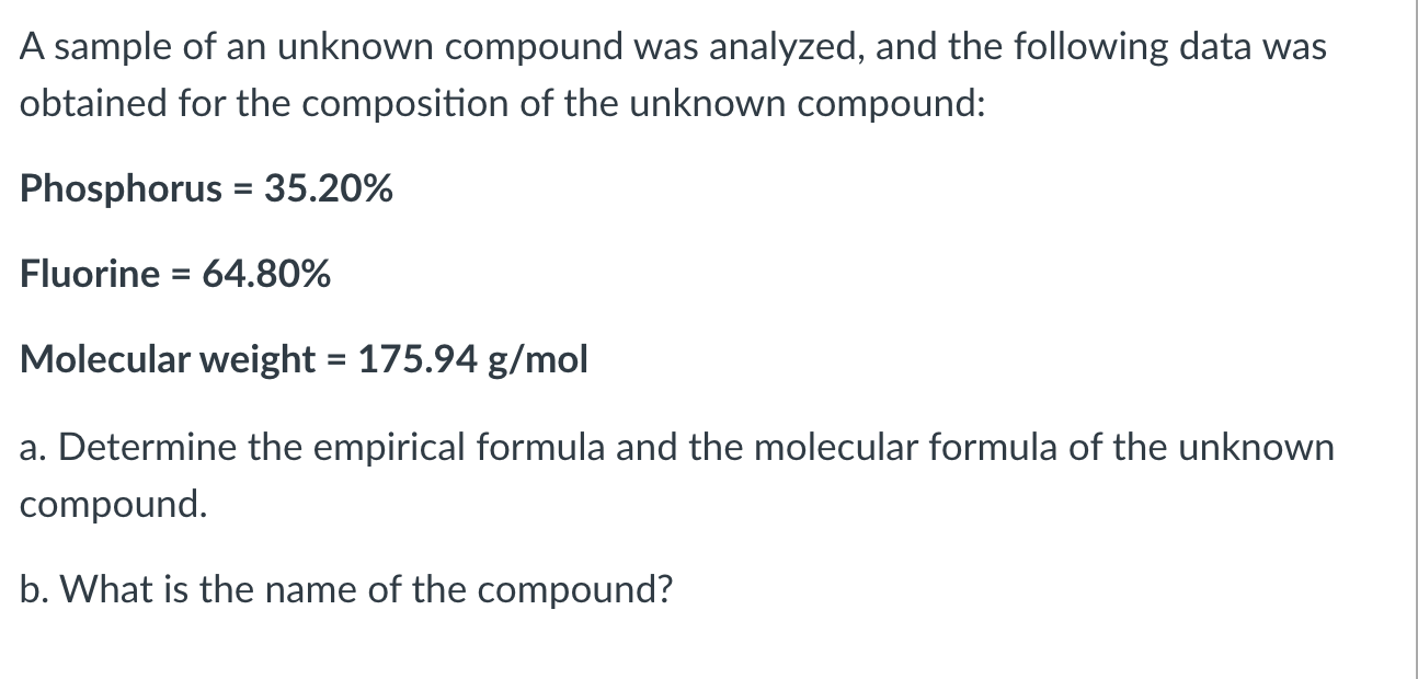 Solved A sample of an unknown compound was analyzed, and the | Chegg.com