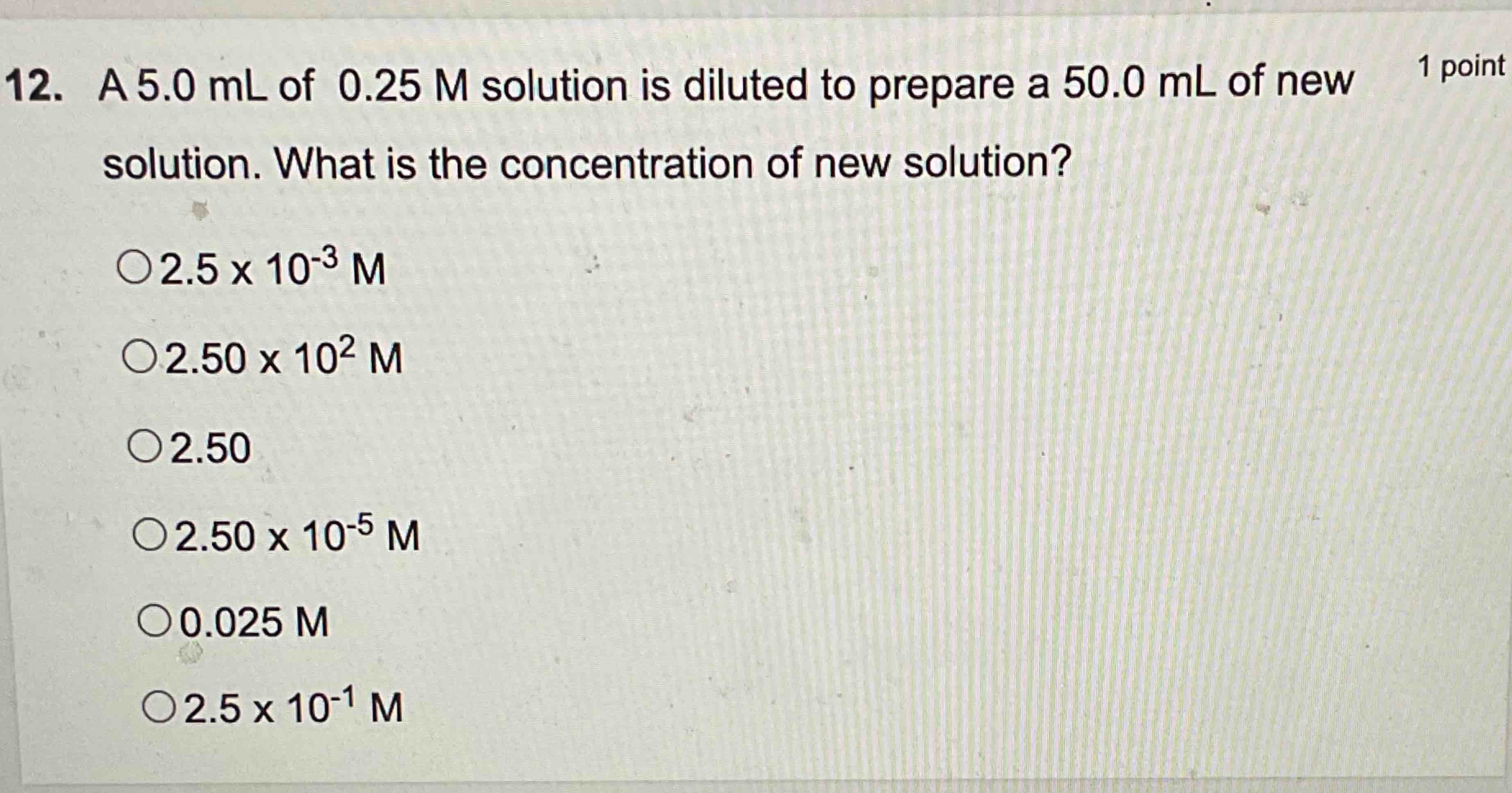 Solved A 5.0mL ﻿of 0.25M ﻿solution is diluted to prepare a | Chegg.com
