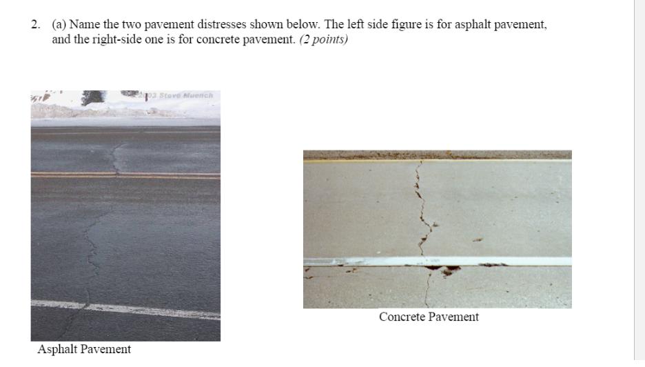 Solved 2. (a) Name the two pavement distresses shown below. | Chegg.com