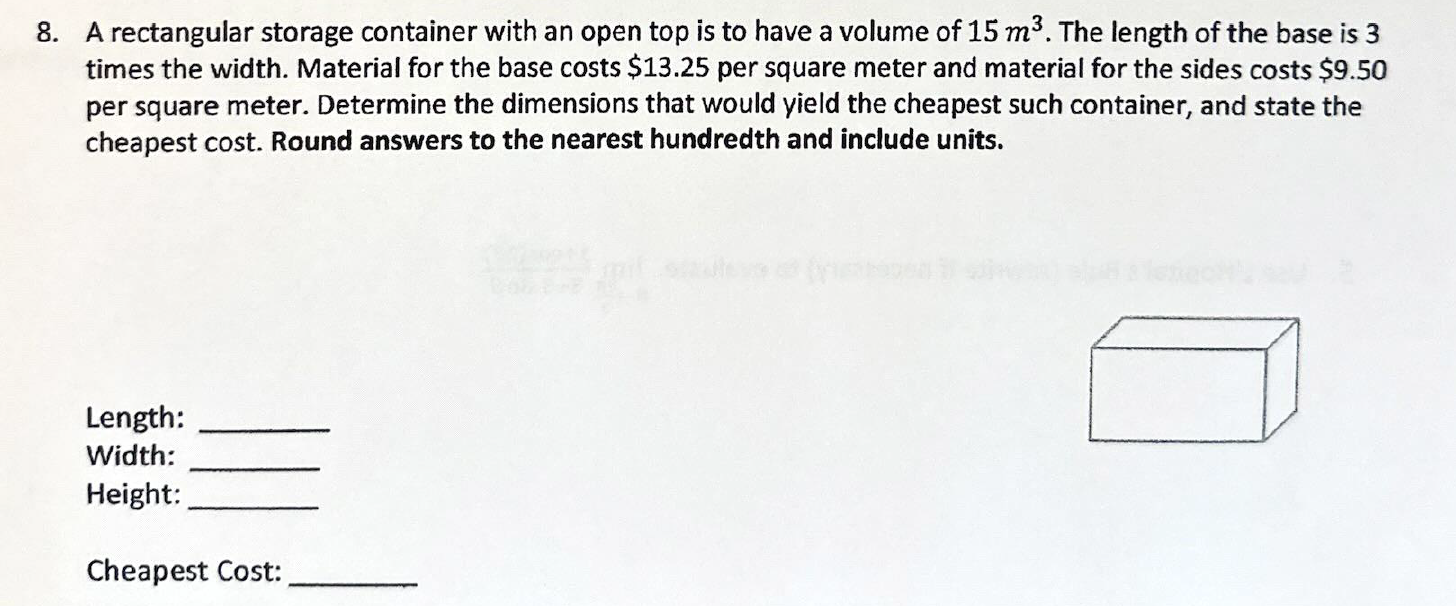 Solved 3. A rectangular storage container with an open top | Chegg.com