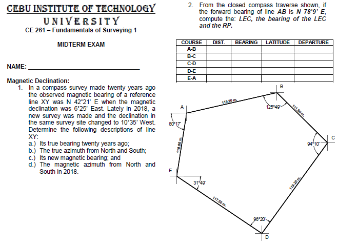 Solved MIDTERM EXAM NAME: Magnetic Declination: 1. In a | Chegg.com