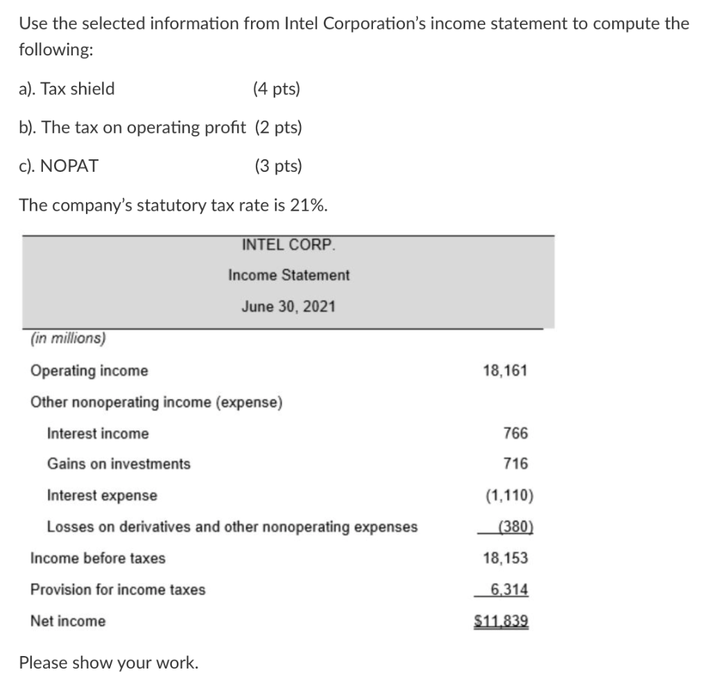 Solved Use the selected information from Intel Corporation's | Chegg.com