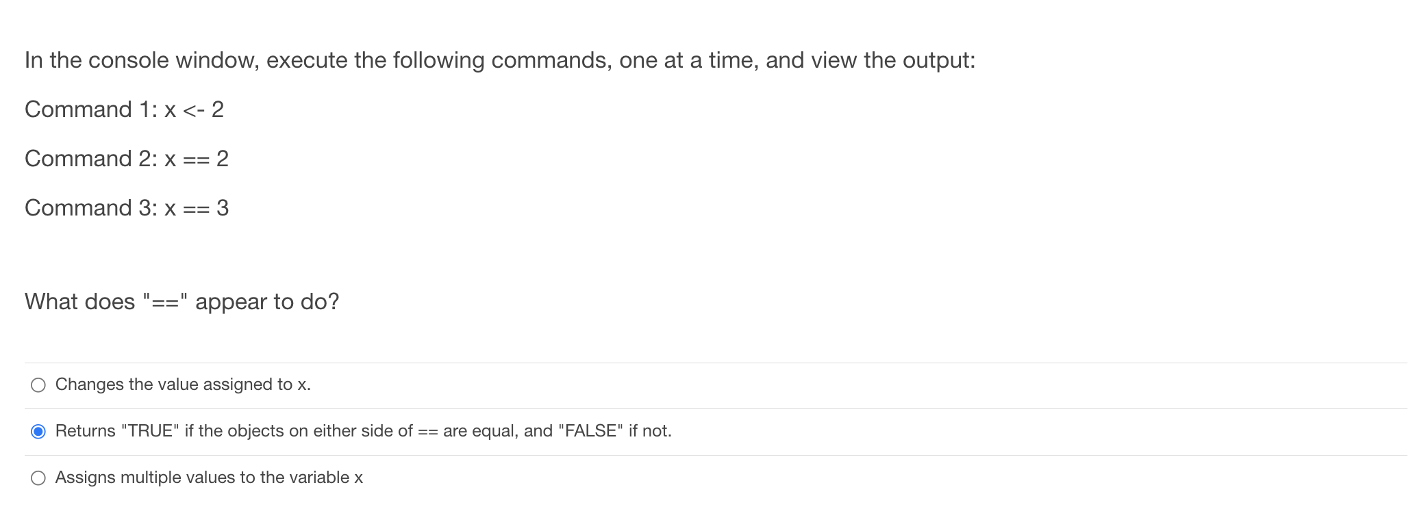 Solved Command 2:x==2 Command 3:x==3 What does "==" appear | Chegg.com
