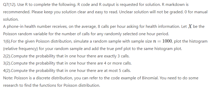Solved Q7(12). Use R to complete the following. R code and R | Chegg.com