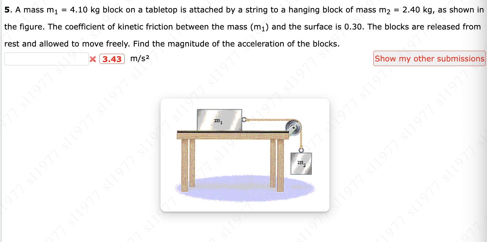 Solved A mass m1=4.10kg ﻿block on a tabletop is attached by | Chegg.com