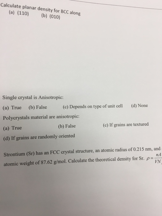 Solved Calculate planar density for BCC along (a) (110) | Chegg.com